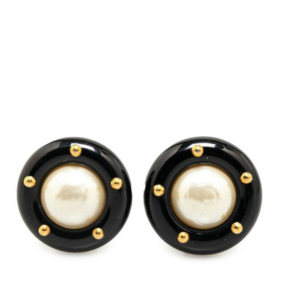 CHANEL | Jewelry | Chanel Fake Pearl Stud Earrings Black Gold Plastic ...